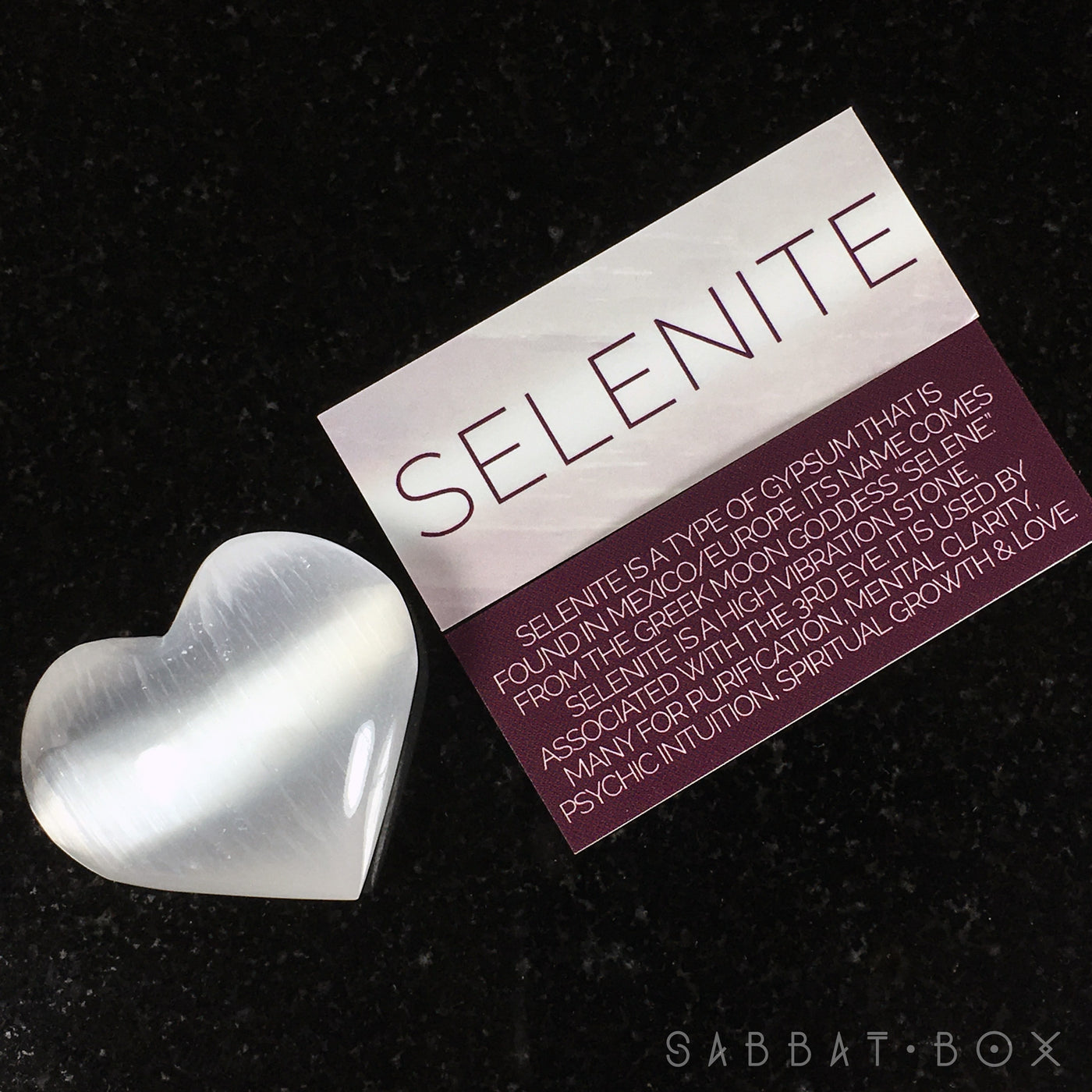 Selenite Heart Stone Set w/Purple Velour Bag and Info Card – Sabbat Box